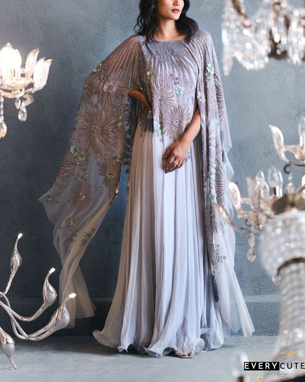 three-dimensional embroidered organza maxi dress