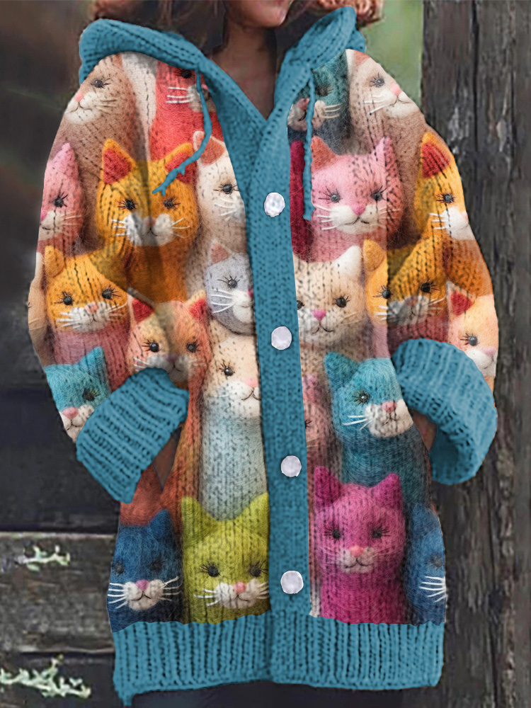Vintage Cute Cats Art Cardigan Sweater
