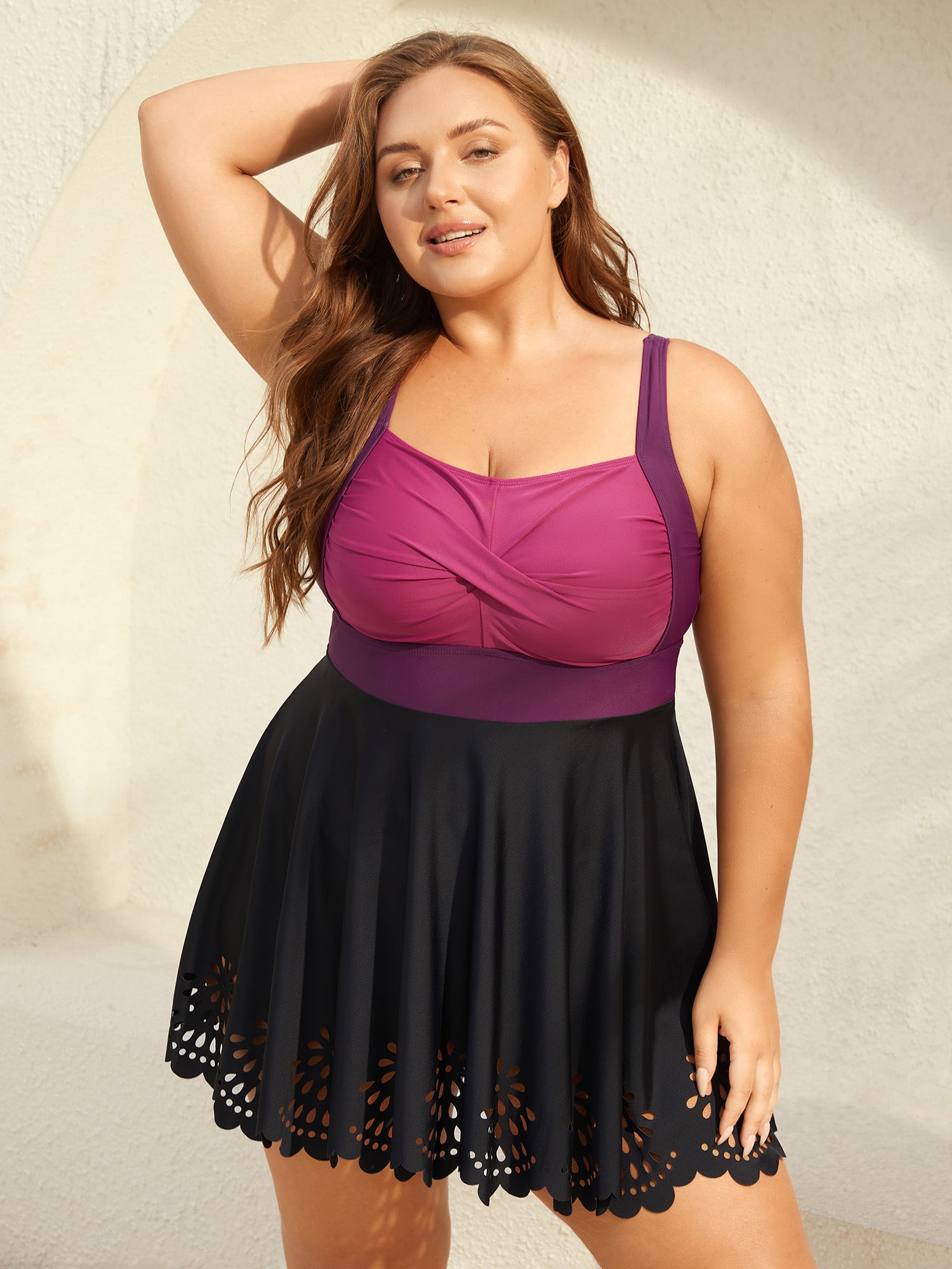 Twist Front Laser Cut Swim Dress