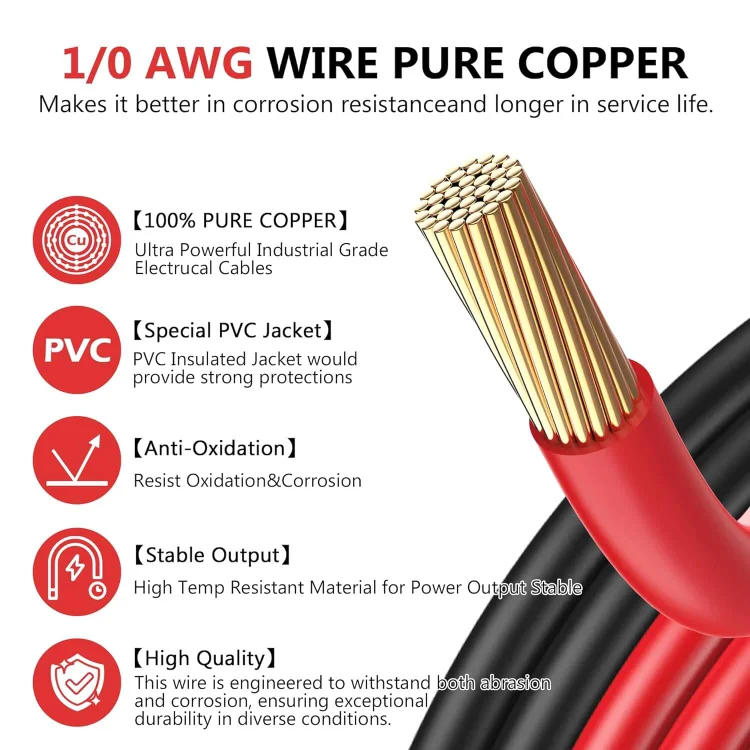 GIANDEL 1/0 AWG 2ft Gauge Red + Black Pure Copper Cables