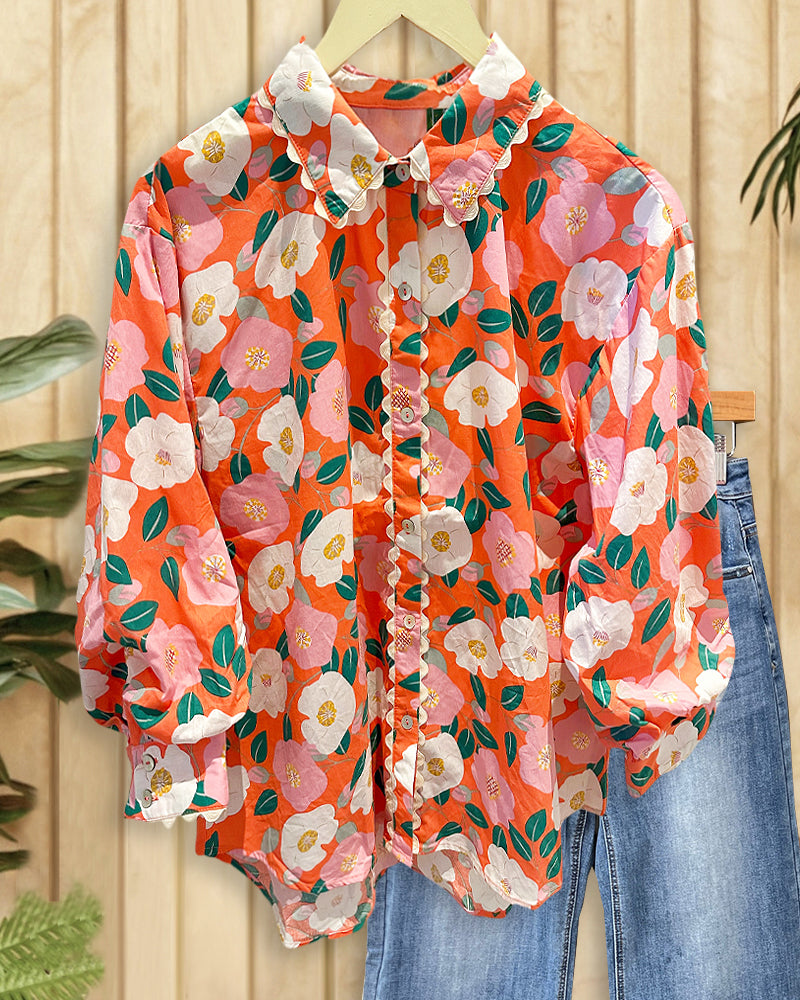 Floral Print Scalloped Trim Girly Button Down Blouse