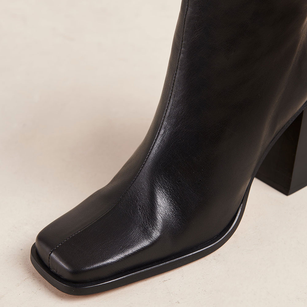 Black Square Toe 3'' Chunky Heel Side-Zip Office Ankle Boots