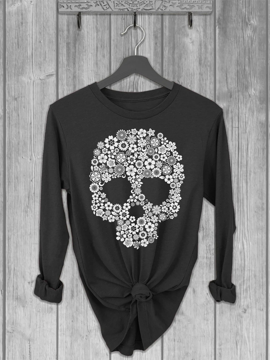 Unisex Floral Skull Print Design Long Sleeve T-Shirt