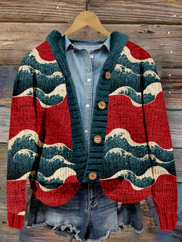 Japanese Hokusai Inspired Waves Pattern Hooded Cardigan