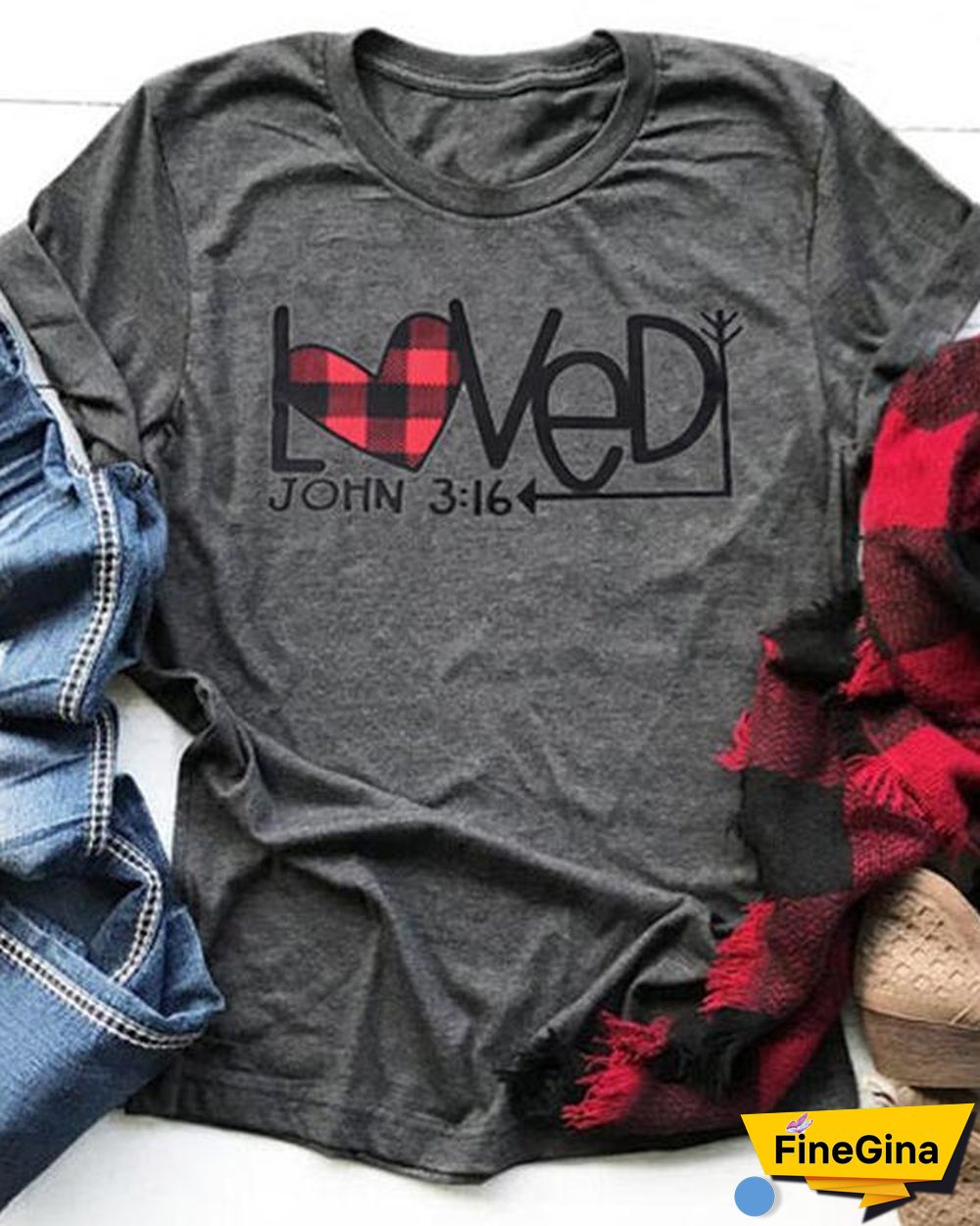 FineGina Loved John 3:16 Plaid Heart Arrow T-Shirt Tee