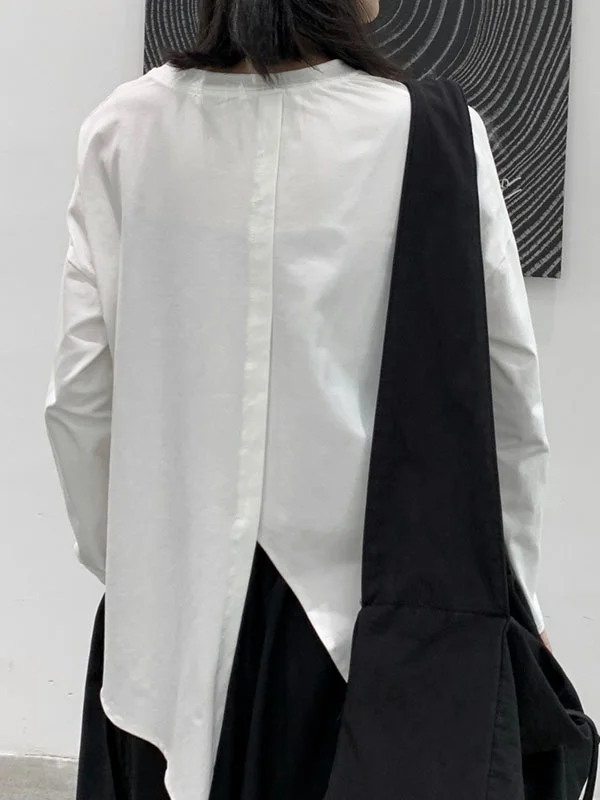 Long Sleeves Loose Asymmetric Solid Color Split-Front Split-Joint Round ...