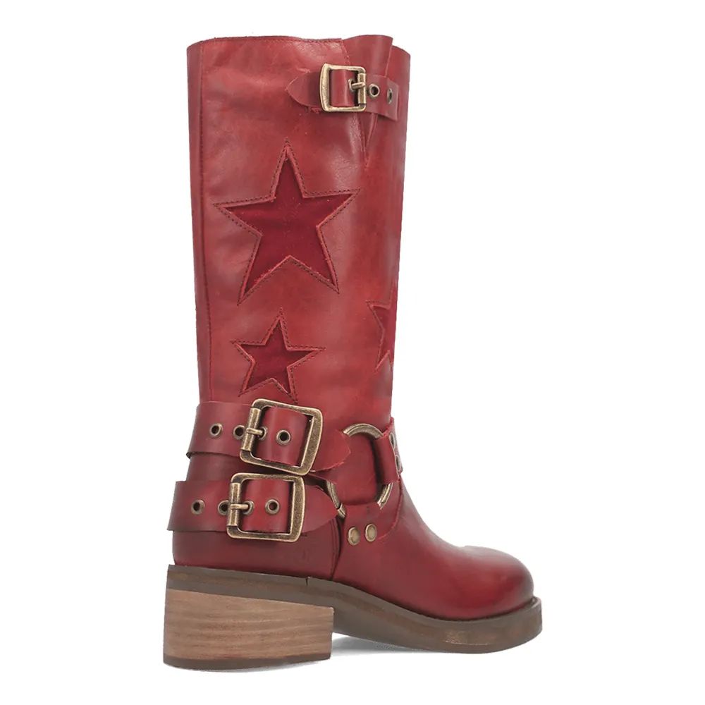 Red Star Inlay Round Toe Chunky Heel Mid-Calf Boots with Double Straps