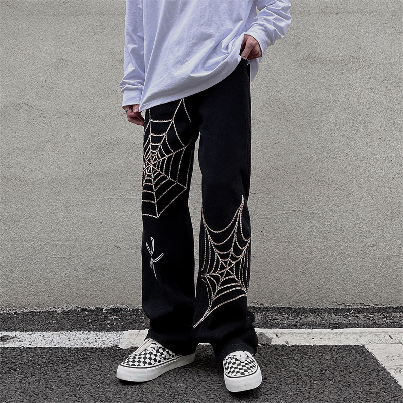 HIGH STREET SPIDER WEB EMBROIDERED WIDE LEG JEANS
