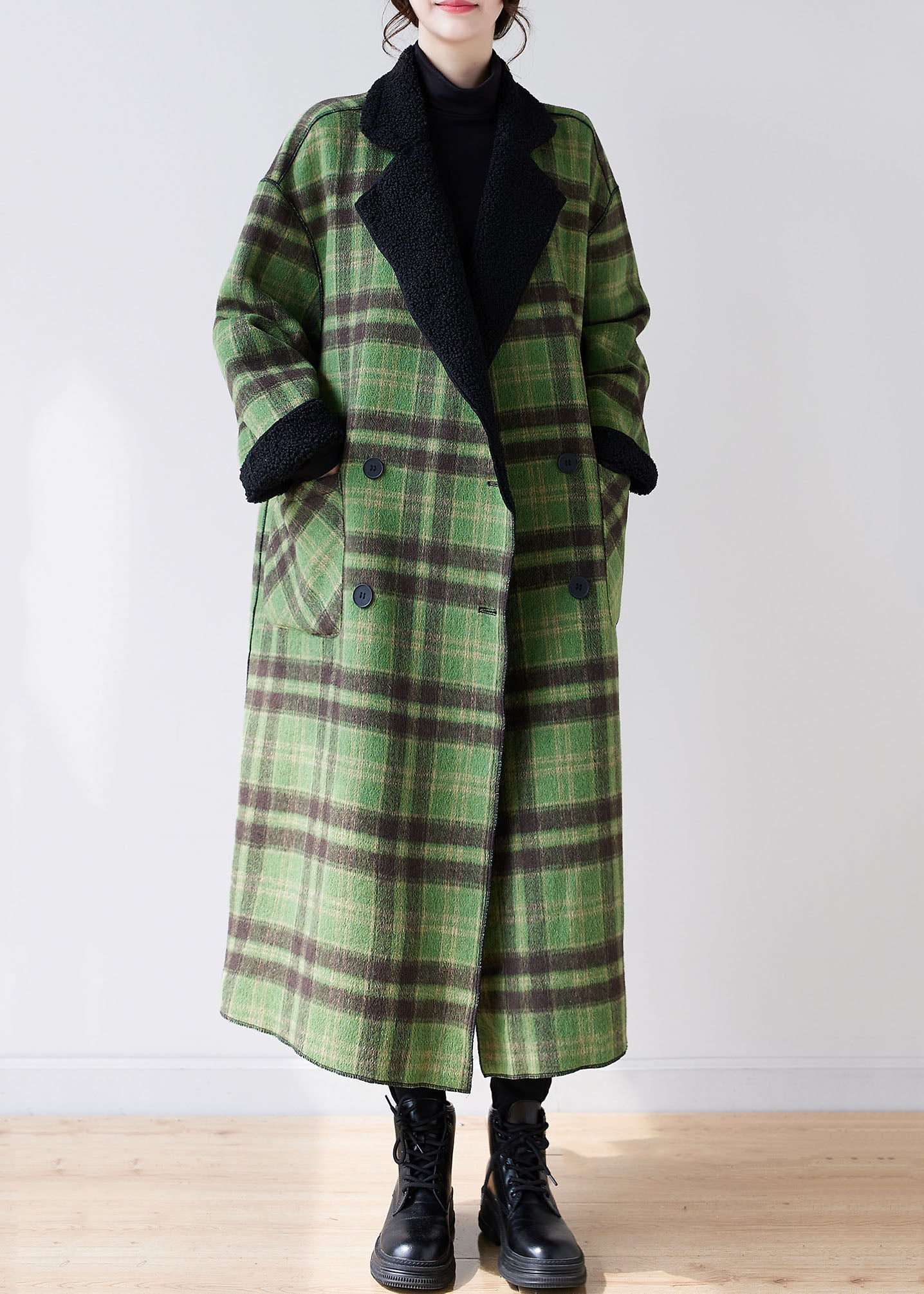 French Green Plaid Notched Wear On Both Sides Warm Fleece Faux Fur ...