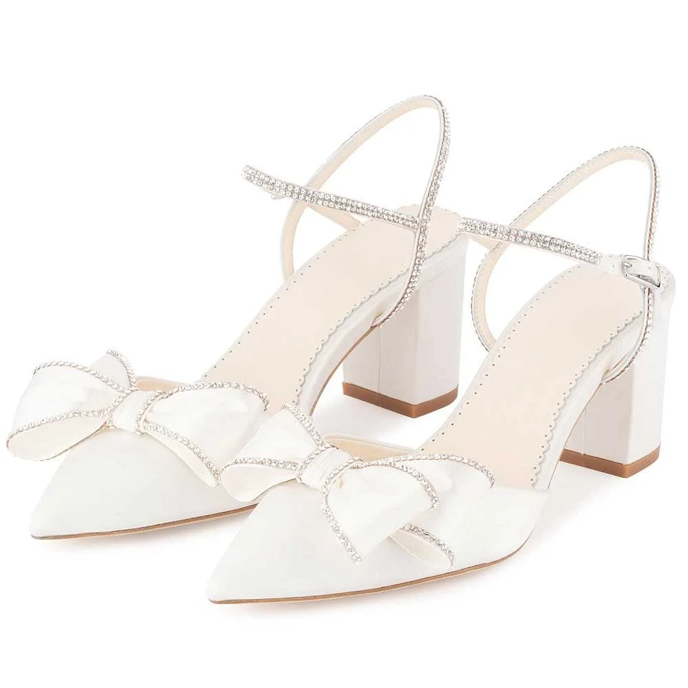 White Satin Pointed Toe Block Heel Bow Inlay Slingback Pumps
