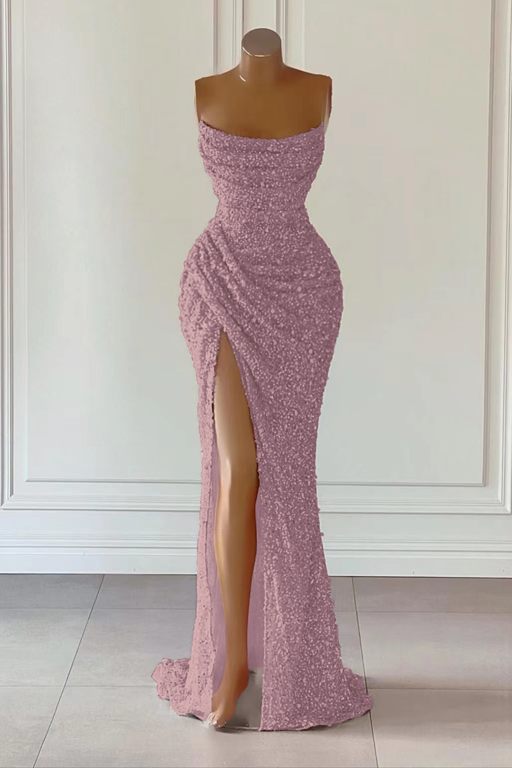 Daisda Dusty Pink Square Neck Sleeveless Mermaid Prom Dress Long Slit with Sequins