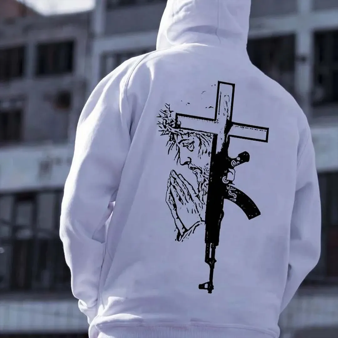 Gun Crucifix Jesus Praying White Print Hoodie