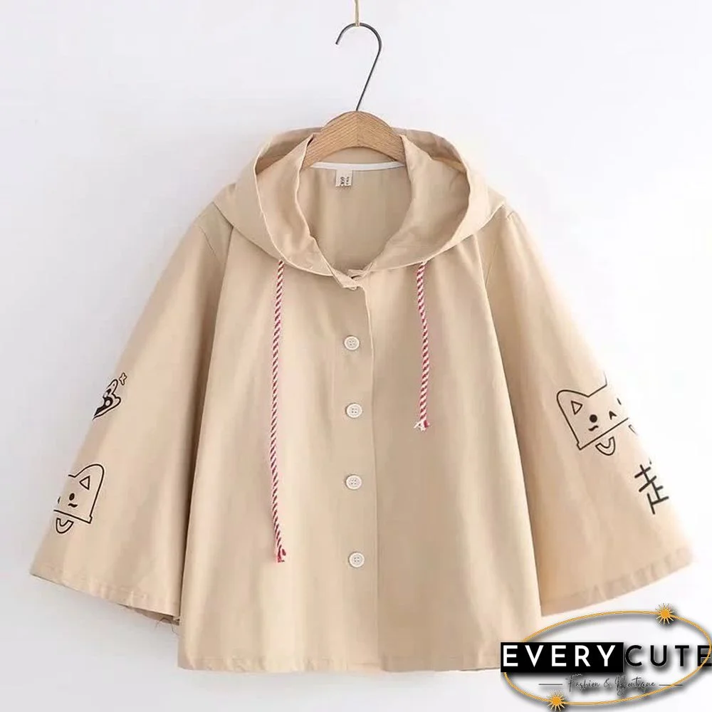 Japanese Kitty Print Cape Hooded Outerwear