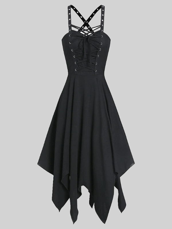 Gothic Punk Strappy Lace - Up Asymmetric Dress