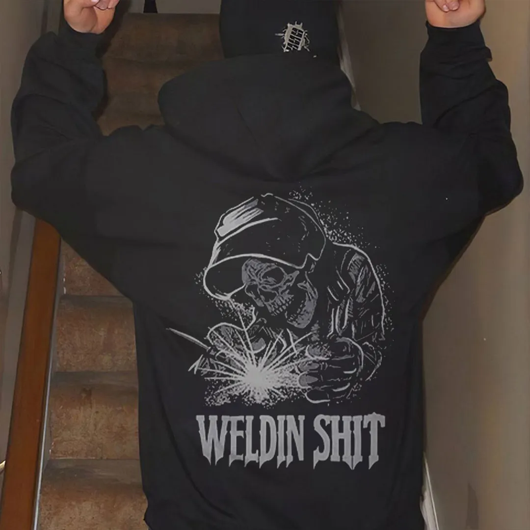 MOTOSUNNY WELDIN SHIT Skull Worker Letter Casual Black Print Hoodie