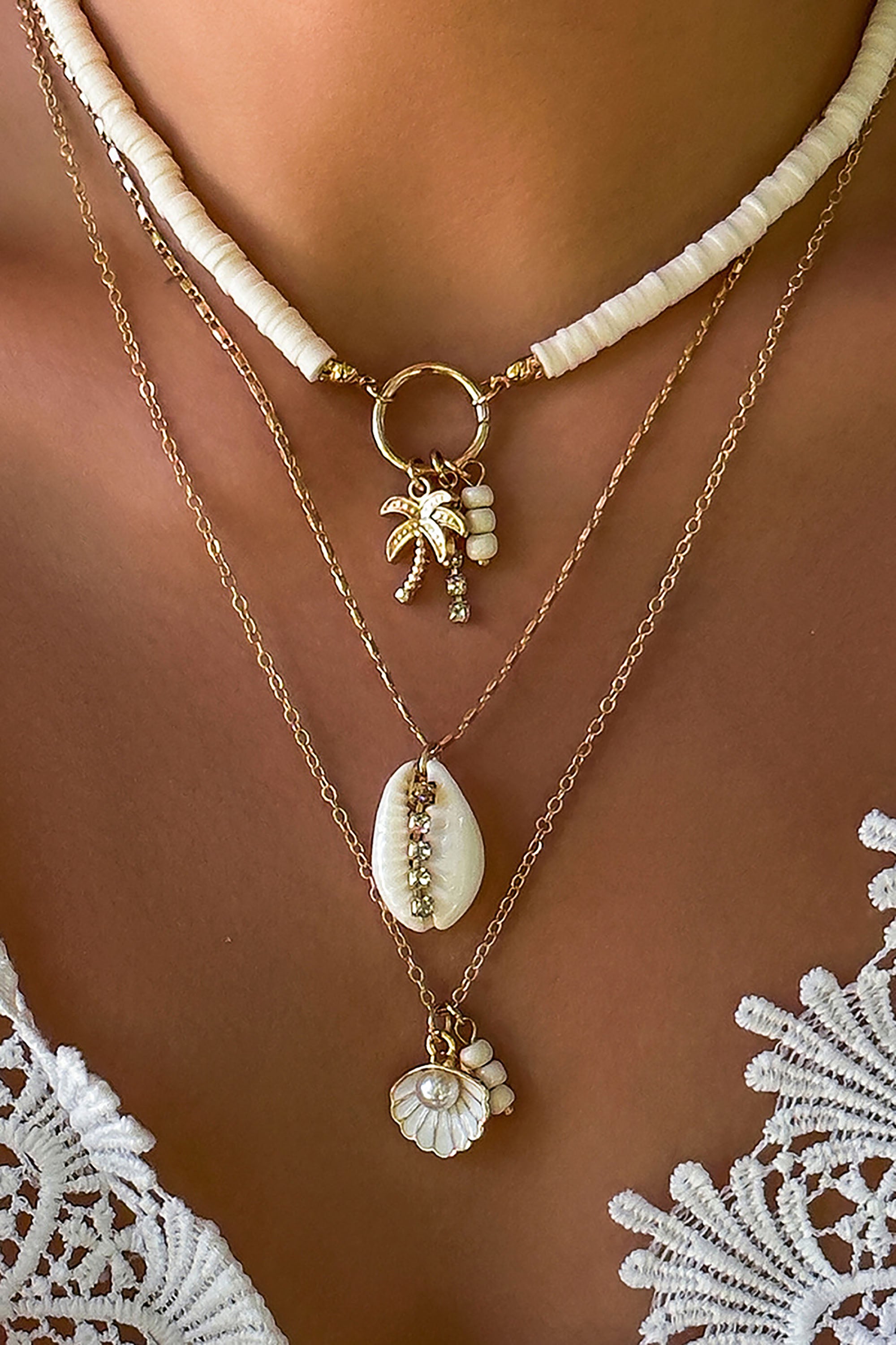 Bohemian Sunflower Layered Summer Pearl Shell Necklace