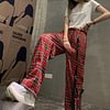 RED PLAID RIBBON WIDE LEG PANTS