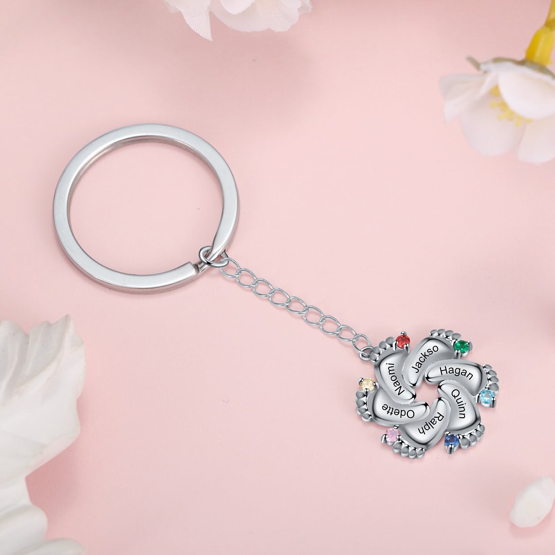 Baby Foot 925 Sterling Silver 6 Birthstones Keychain