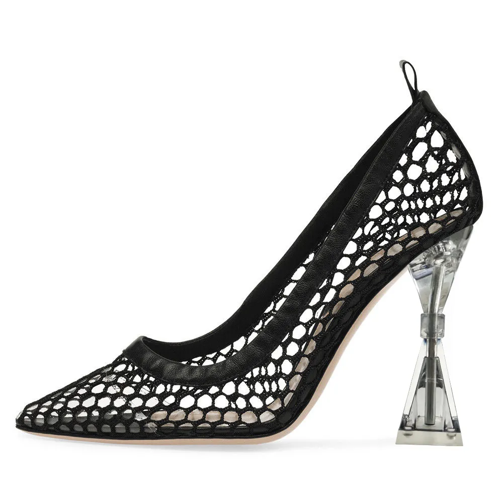 Black Mesh Closed Toe 4'' Decorative Heel Pumps