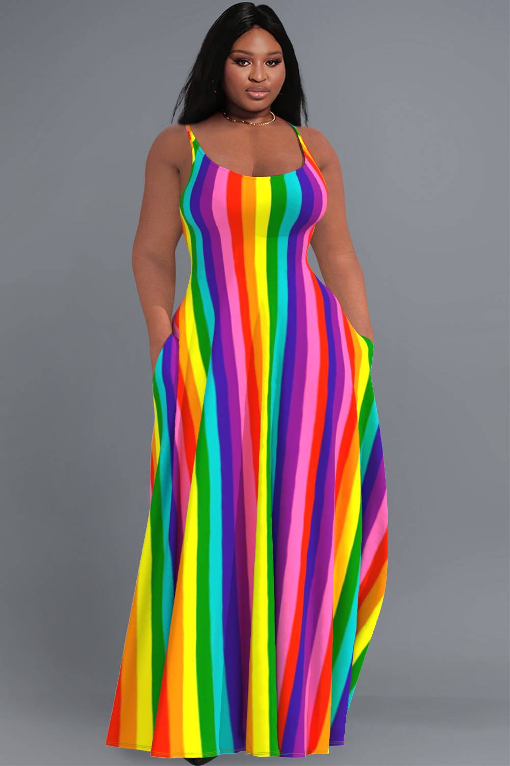 Xpluswear Design Plus Size Daily Rainbow Sundress Striped Round Neck ...
