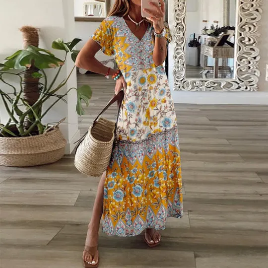 Yellow and White Prairie Tiered Slit Maxi Dress