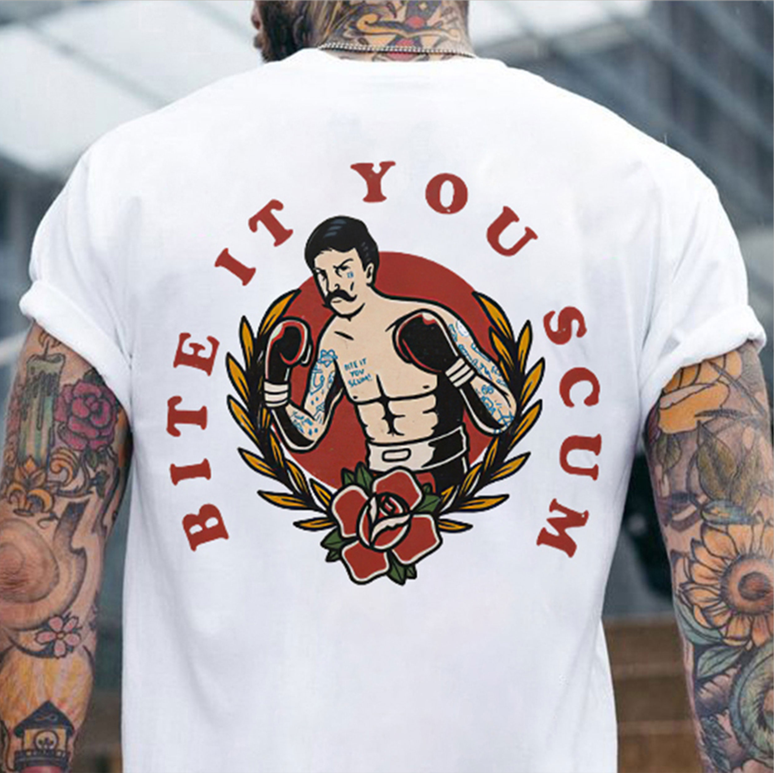 BITE IT YOU SCUM Boxing Man White Print T-Shirt