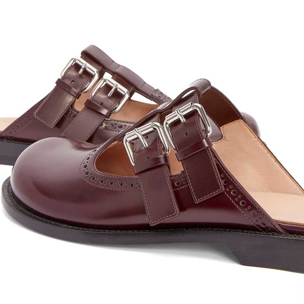 Brown Vegan Leather Buckled T-Strap Comfy Mary Jane Mules