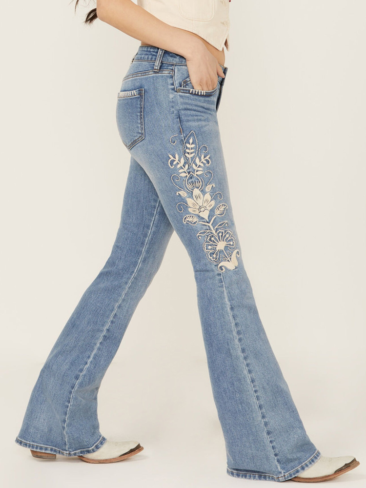 High Rise White Floral Embroidered Bell Bottom Jeans 61.99