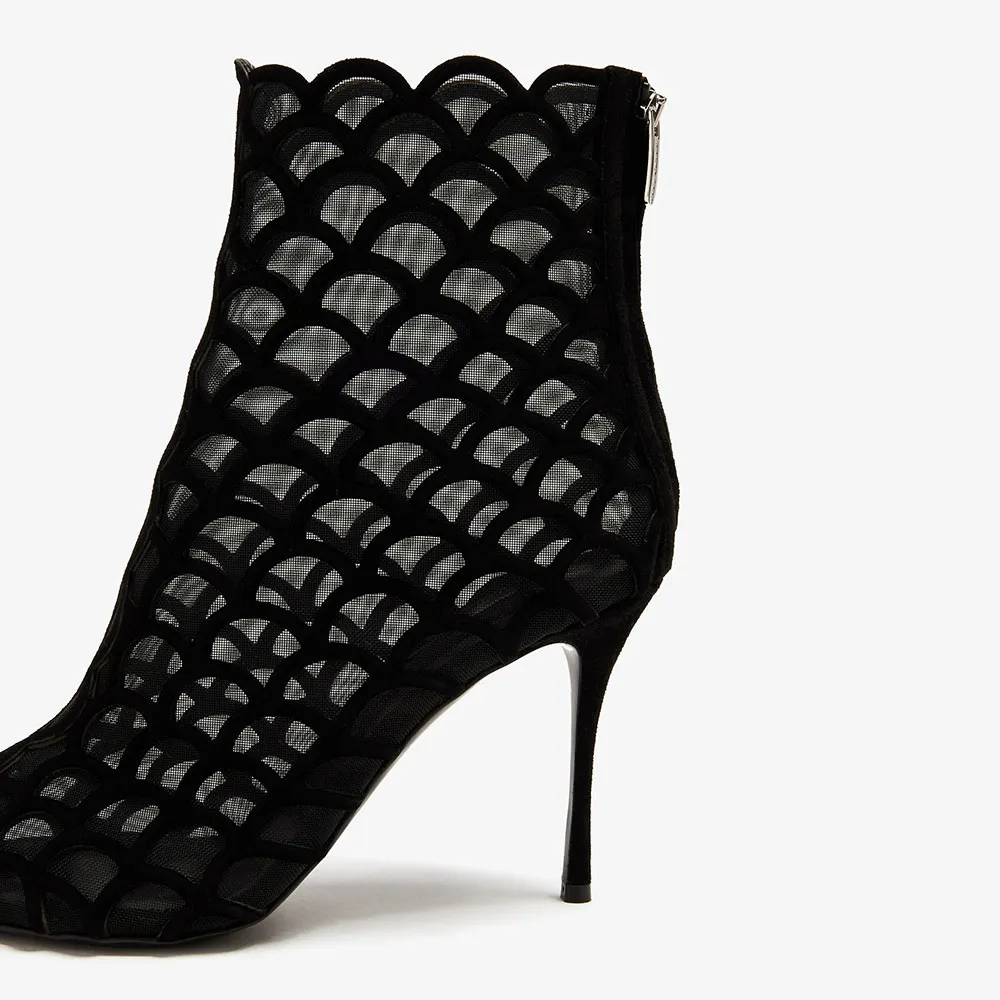 Black Pointed Toe Scale Pattern Short High Heel Boots with Zipper