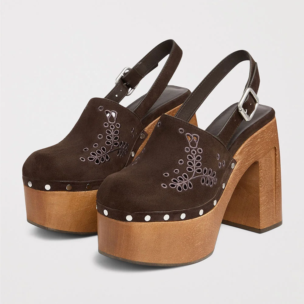 Studded Floral Embroidered Slingback Platform Heeled Clogs in Brown