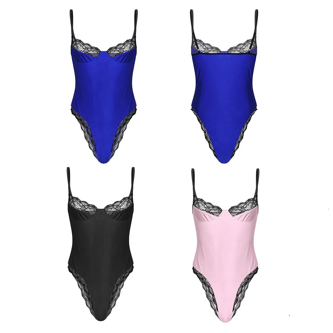 Billionm Men Lace Trimming Sissy Bodycon Bodysuit Gay Jockstraps ...