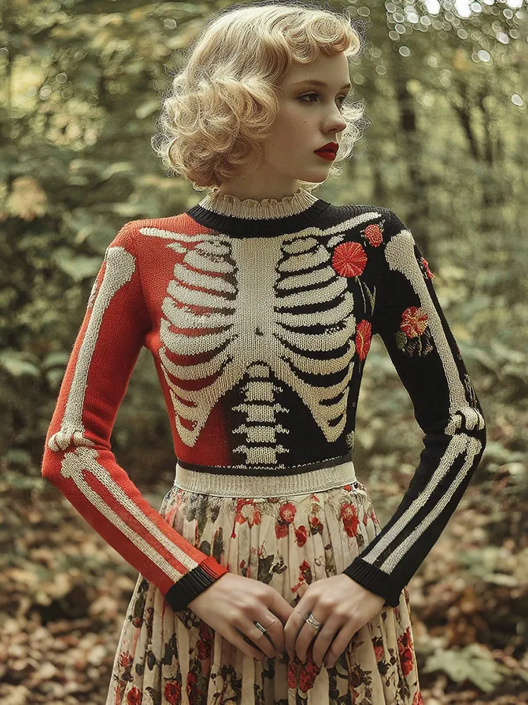 Vintage Halloween Skeleton Anatomy Floral Art Jacquard Knitted Sweater
