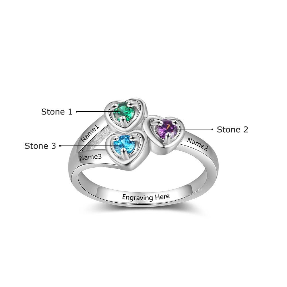 Personalized Mom Rings Heart Shape with 3 Birthstones Engraved 3 Names ...