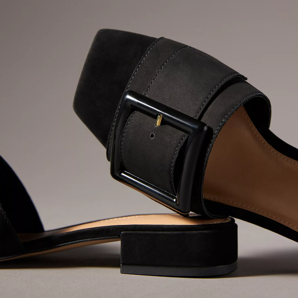 Black Open Toe Low Block Heel Wide Band Buckle Mules Sandals