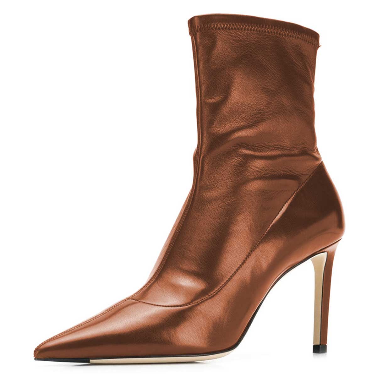 Brown Vegan Leather Pointy Toe Stiletto High Heel Stretch Ankle Boots