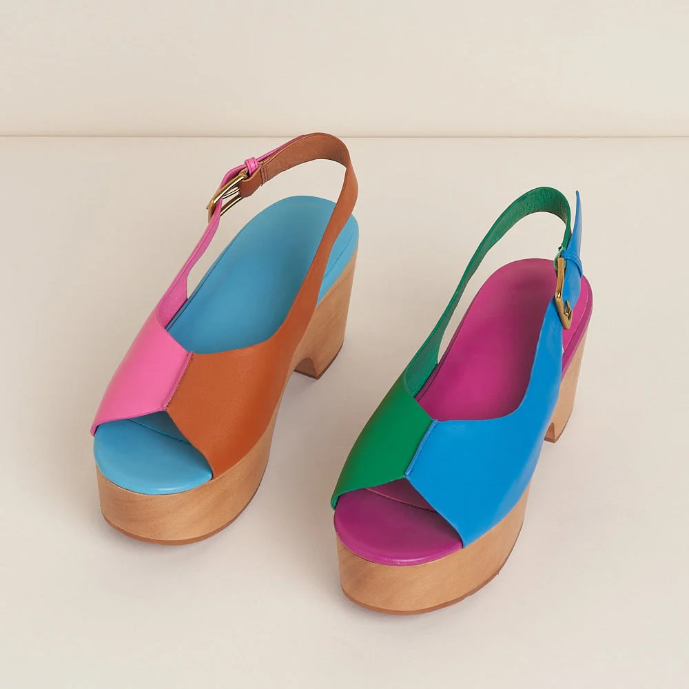 Multi Color Open Toe Platform Heeled Clogs Slingback Cute Sandals