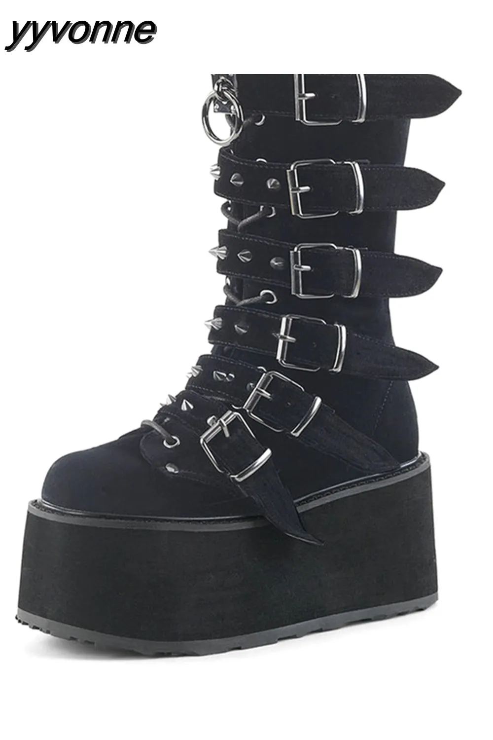 yyvonne Brand Goth Love Heart Buckle Punk Wedges Platforms Women Boots ...