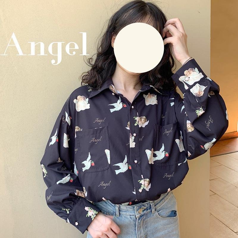 ANGEL PRINT LONG SLEEVE CHIFFON SHIRT