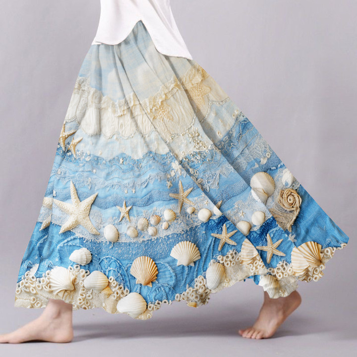Vintage Starfish & Sea Shells Sea Waves Art Pattern Flowy Wide Skirt 32 ...