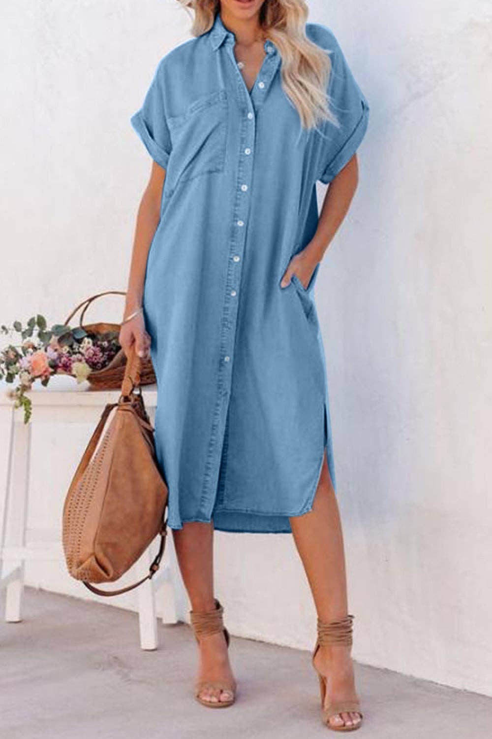Slit Button Up Short Sleeve Imitation Denim Dress - LoopLike