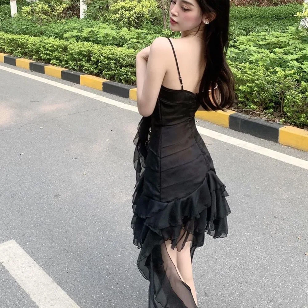 Woherb Women's Gothic Ruffles Fairy Dress, Sleeveless, V-Neck Bandage ...