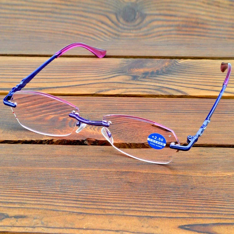 Rectangle Purple Frame Rimless Light Spectacles Multi-coated Red Lenses ...
