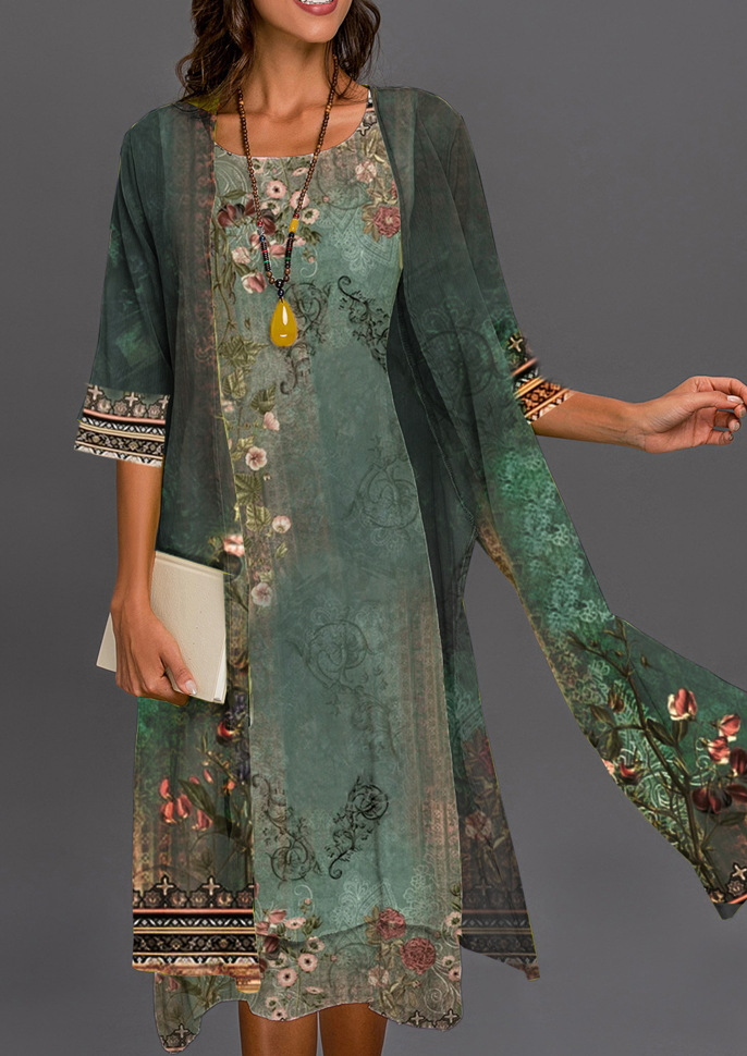 Floral Elegant Dress Two-Piece Set For Elderly Women & Senior Ladies ...