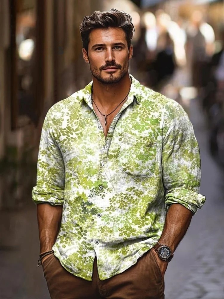 Vintage Emerald Green Pattern Print 100% Cotton Long Sleeve Shirt