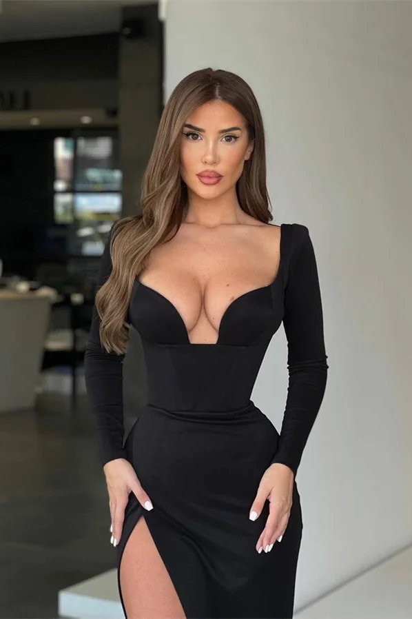 Daisda Sexy Long Sleeves Mermaid Prom Dress Black Online
