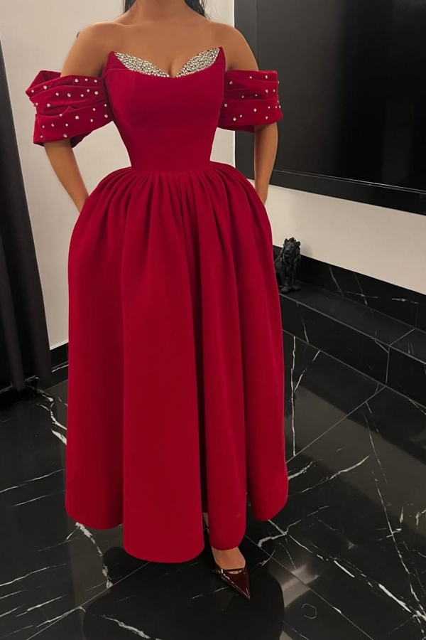 Miabel Charming Red Beaded Off-The-Shoulder Evening Dress