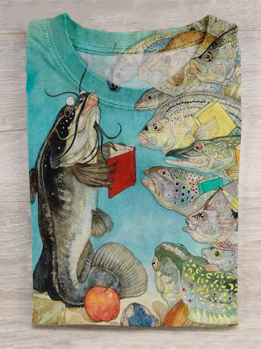 Fish Art Print Crew Neck T-shirt