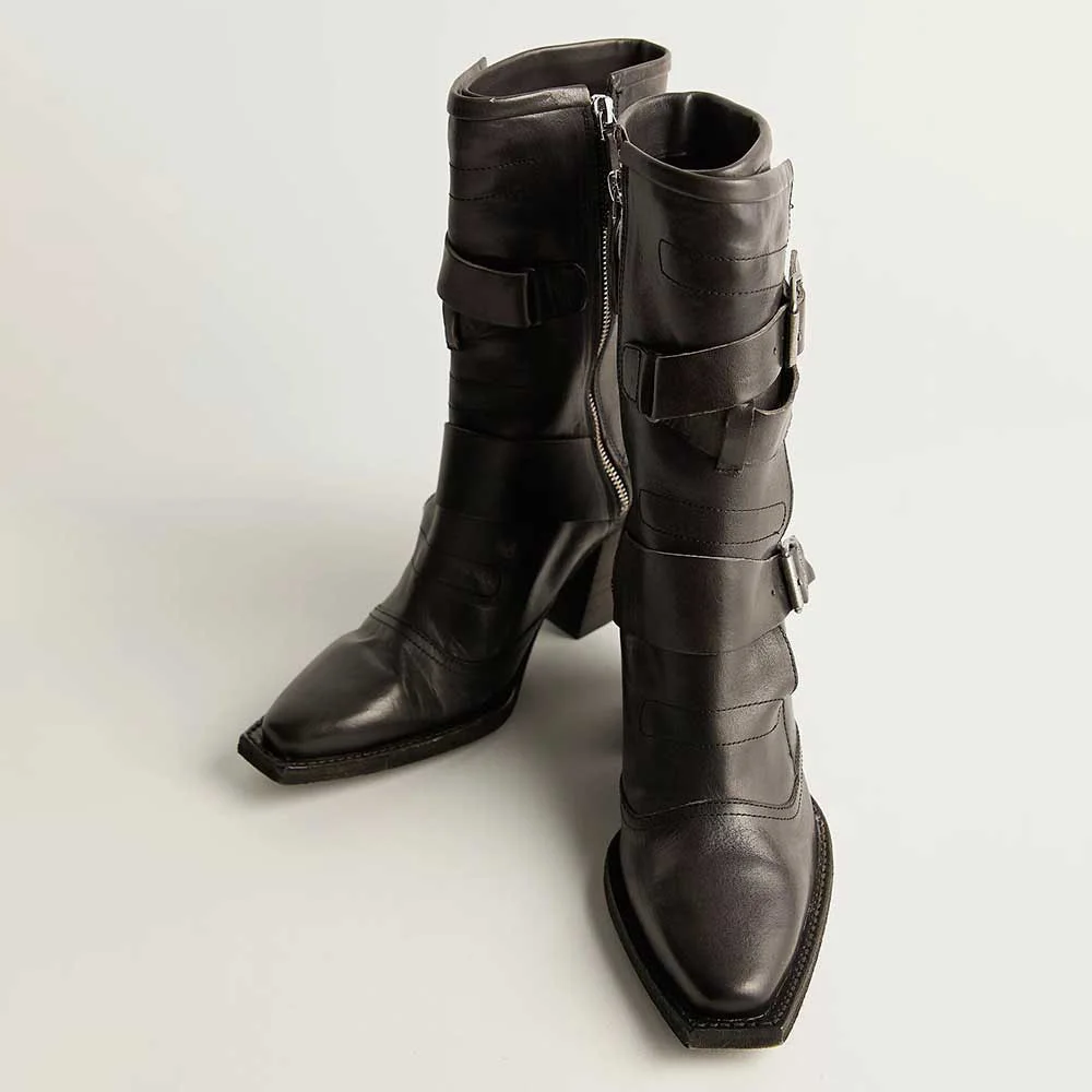 Dark Grey Snip Toe Zipper Chunky Heeled Ankle Boots with Buckle Strap