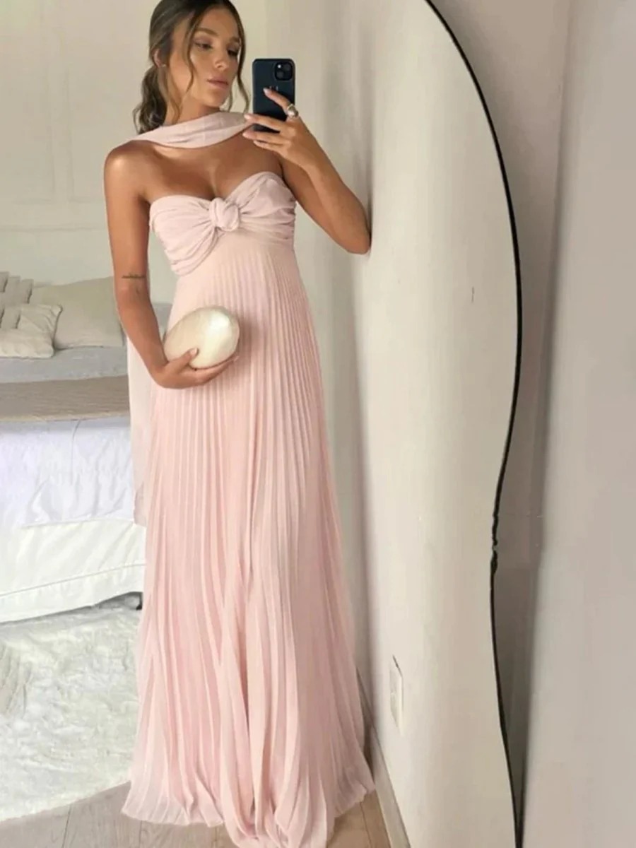Cucully Light Pink Strapless Pleated Flow Long Prom Dress With Scarf