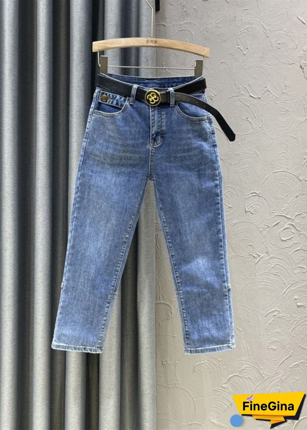 FineGina DIY Denim Blue High Waist Sashes Crop Pants Summer